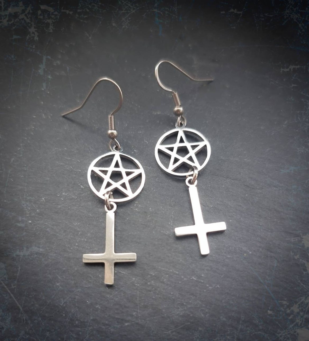 Gothic Pentagram and Inverted Cross Earrings - Etsy
