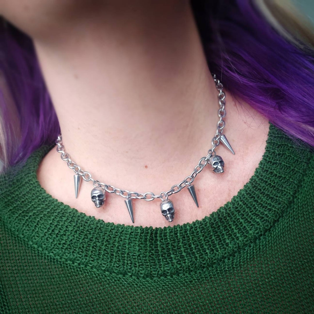 Skull and Spike Necklace Silver Skulls Spike Choker Skull - Etsy UK