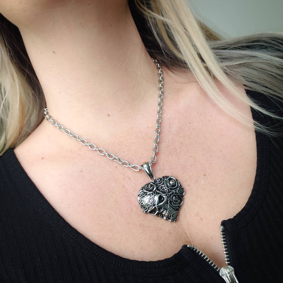 Gothic Skull Heart Pendant Necklace: Stainless Steel Rose Detail - Etsy