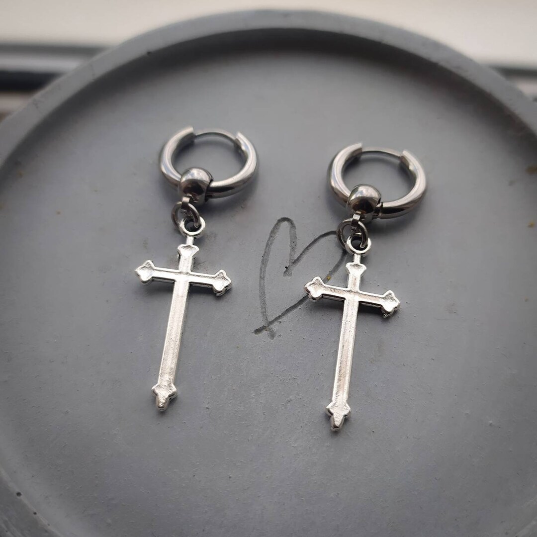 Silver Gothic Cross Hughie Hoop Earrings, Cross Earrings, Mens Earring ...