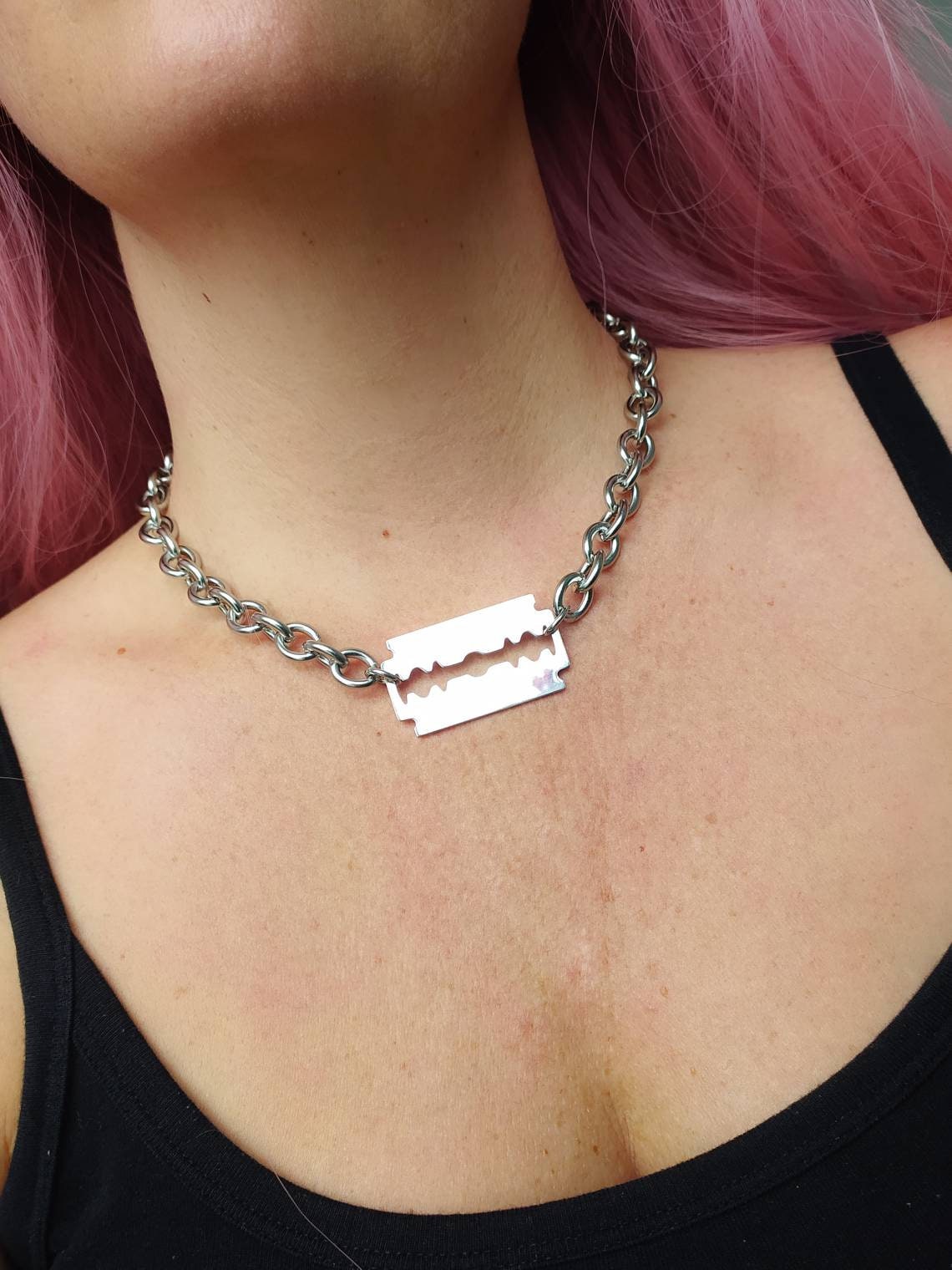 Chunky Razor Blade Necklace Chunky Chain Choker Thick Chain - Etsy
