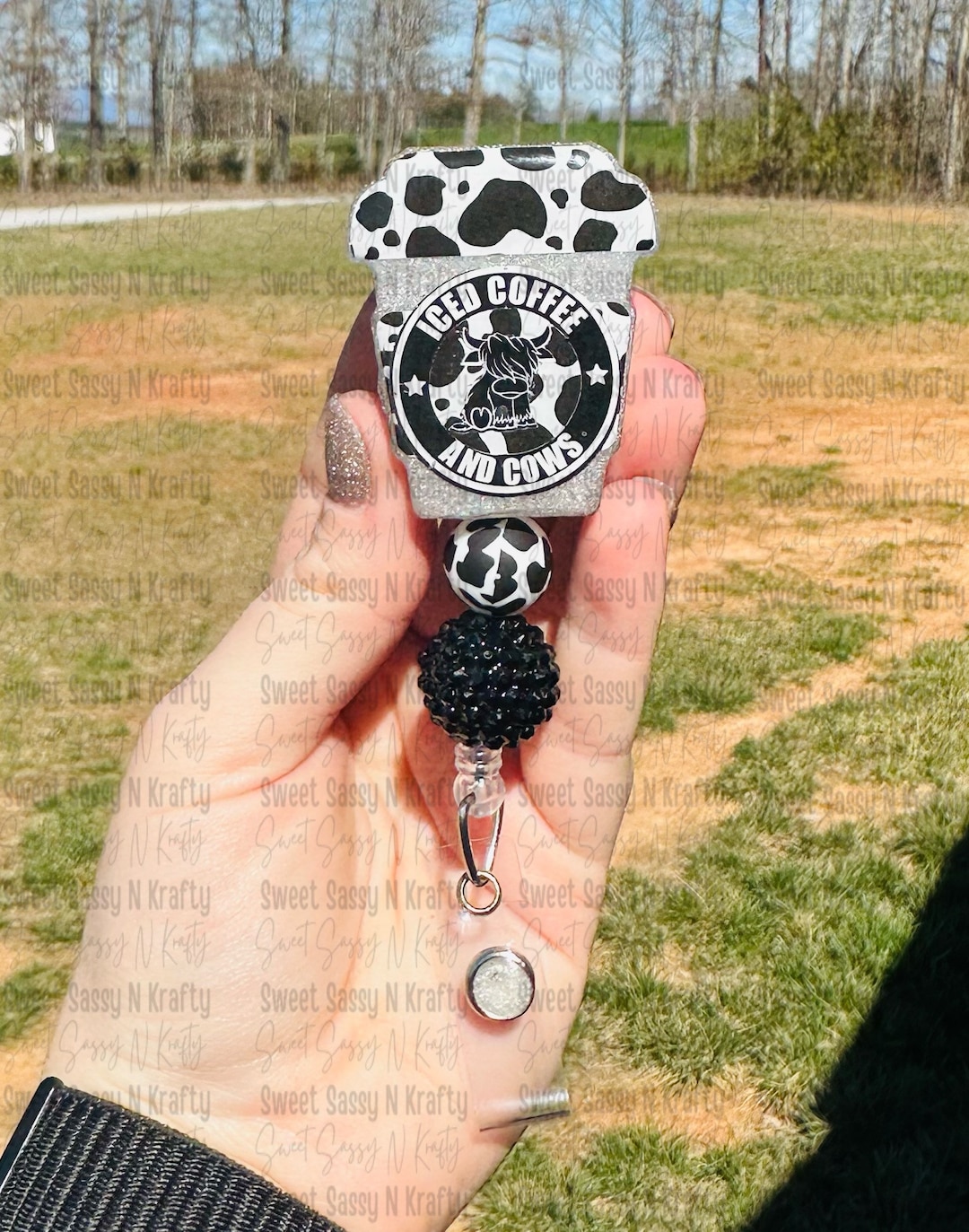 Iced Coffee and Cows Badge Reel| Cow Badge Reel | Glitter Highland Cow ...