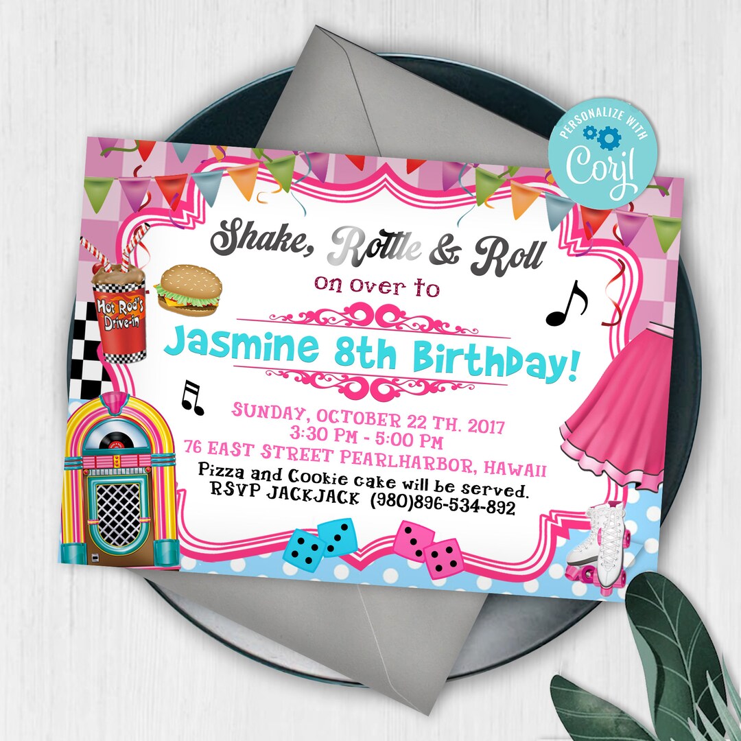 Shake Rattle & Roll 1950's Invitations, 50's Birthday Invitation, 50's ...