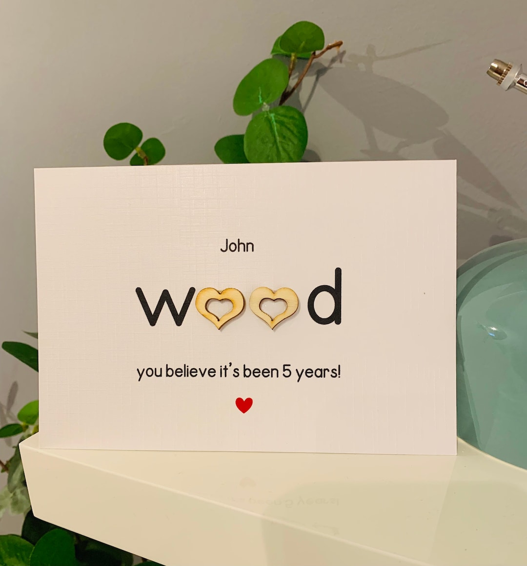 5 Year Anniversary Card, Wooden Hearts Anniversary, Personalised ...