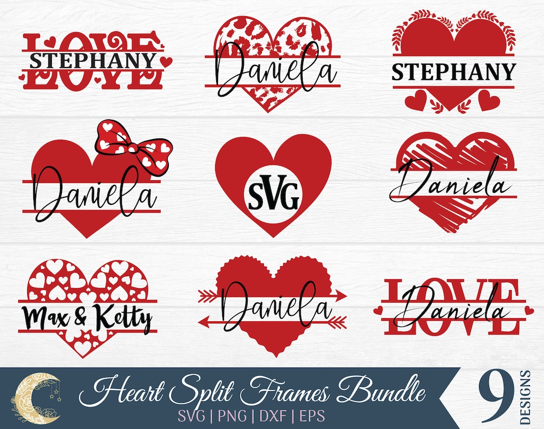 Heart Split Name Frame Bundle SVG, Heart Monogram Frame SVG, Valentine ...