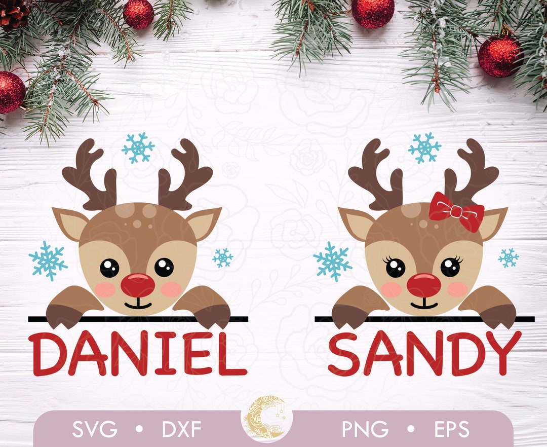 Christmas Reindeer Face Monogram Svg, Christmas Split Name Frame Bundle ...