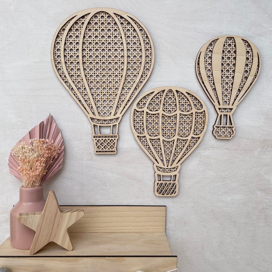 Wooden Rattan Hot Air Balloon Set / Nursery Decor / Bedroom Wall ...