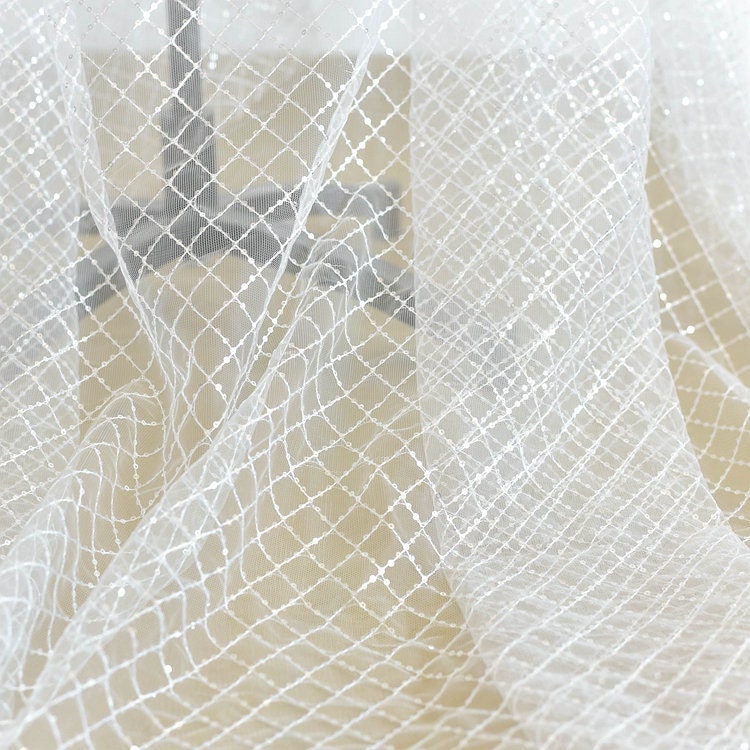 New Hot Geometric Grid Pattern Lace Fabric With Sequins in off White ...