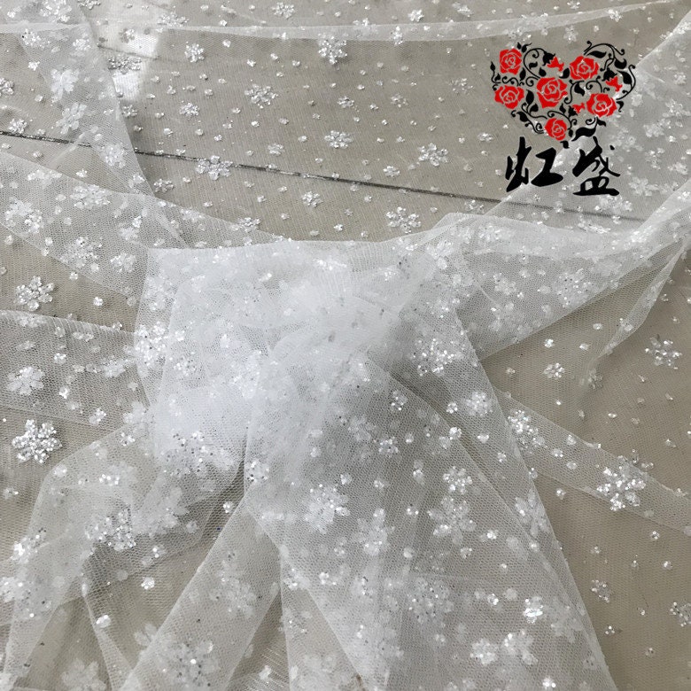 Glitter Sequin Snowflake Lace Fabric Snowflake Floral Dot Champagne ...