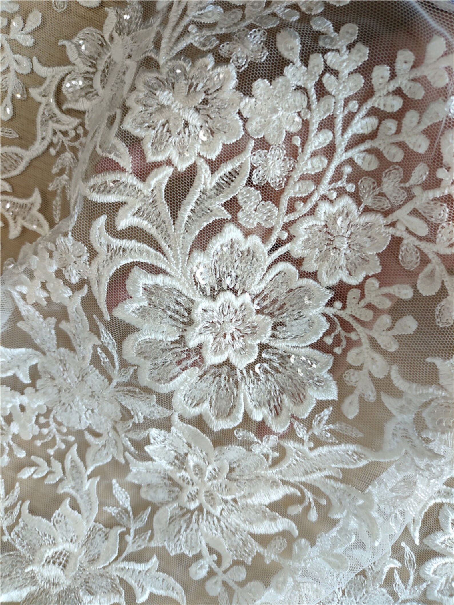 High Quality off White Flower Sequin Embroidery Lace Fabric Floral ...