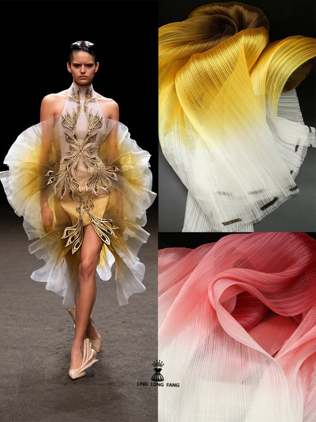 5 Colors Gradient Pleated Organza Fabric Folds Ruffle Ombre Organza ...