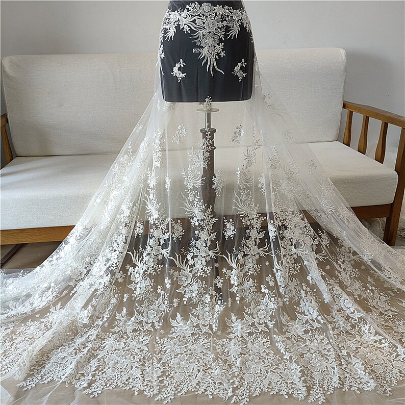 High Quality off White Flower Sequin Embroidery Lace Fabric Floral ...