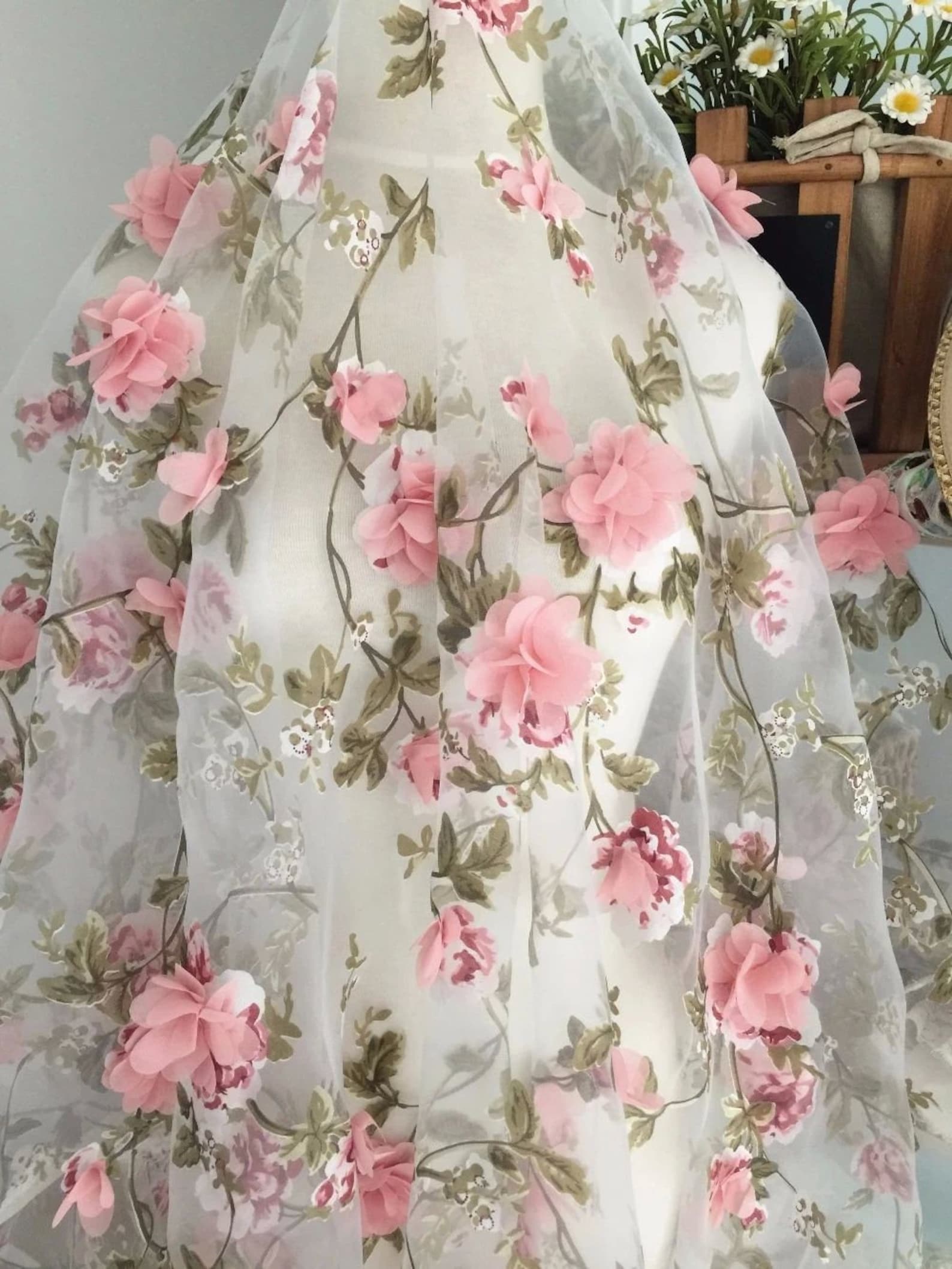 8 Colors Exquiste Pink 3D Flower Chiffon Lace Fabric 3d Floral Organza ...