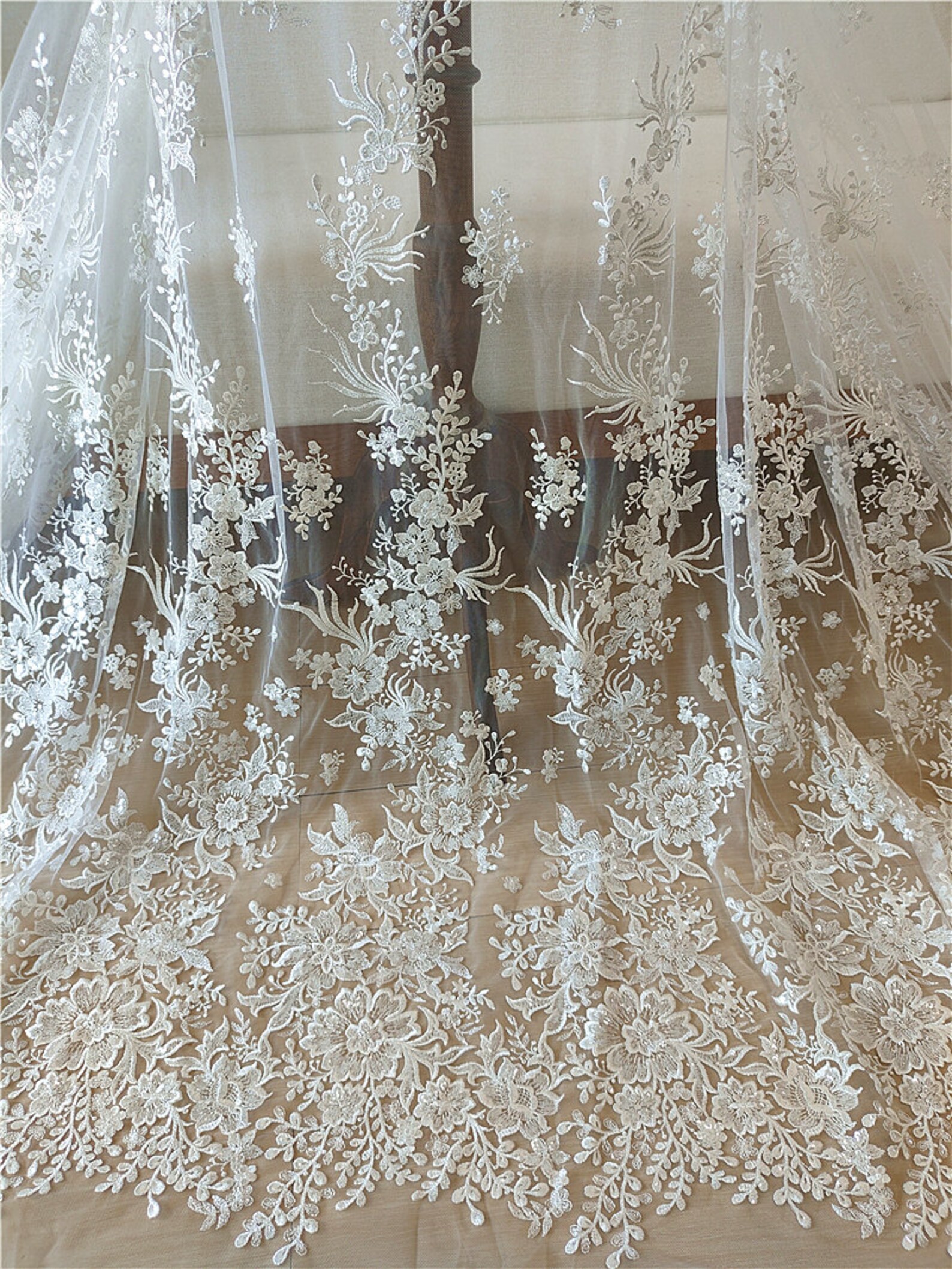 High Quality off White Flower Sequin Embroidery Lace Fabric Floral ...