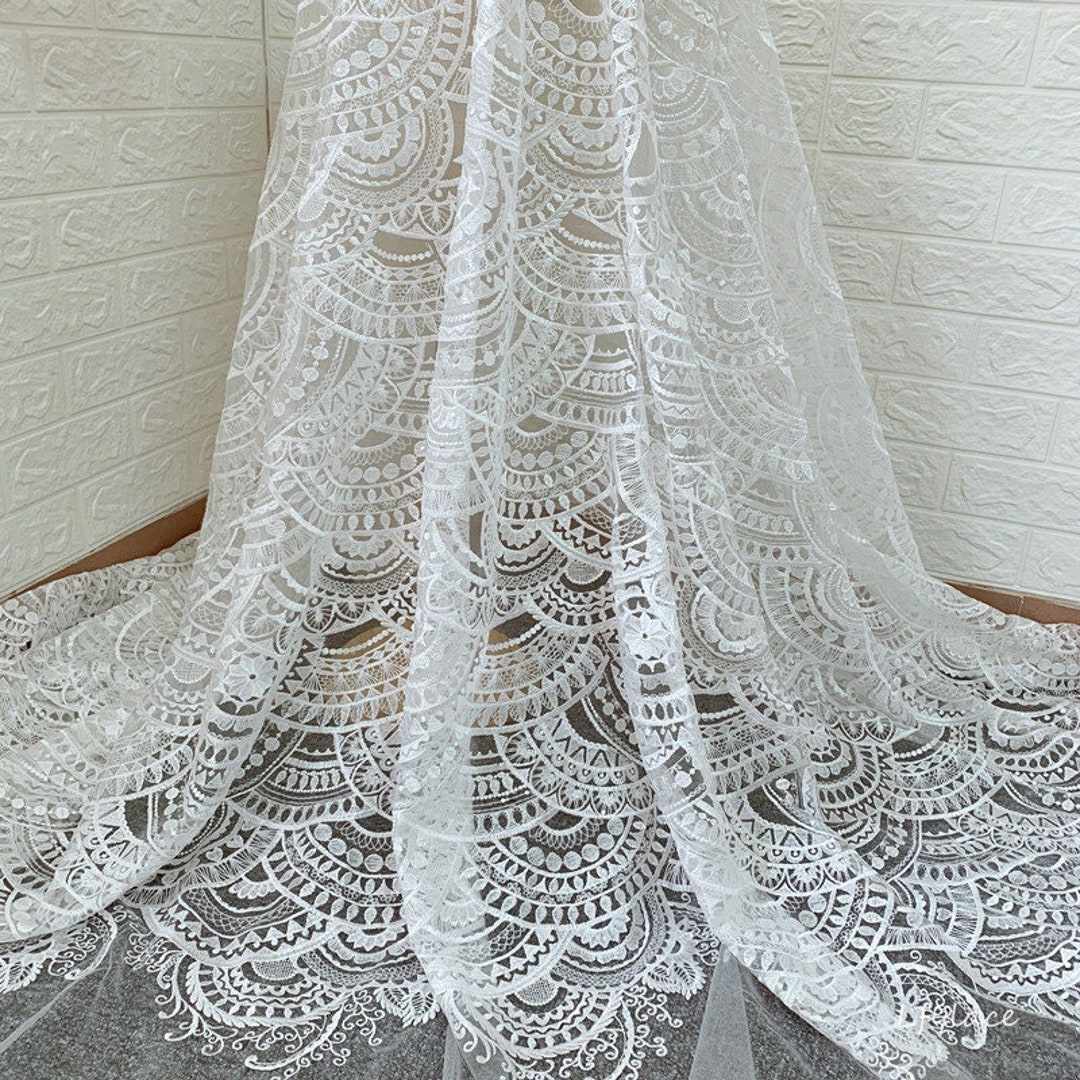 Elegant Lace Fabric White Sequin Flower Embroidery Soft Mesh Tulle ...