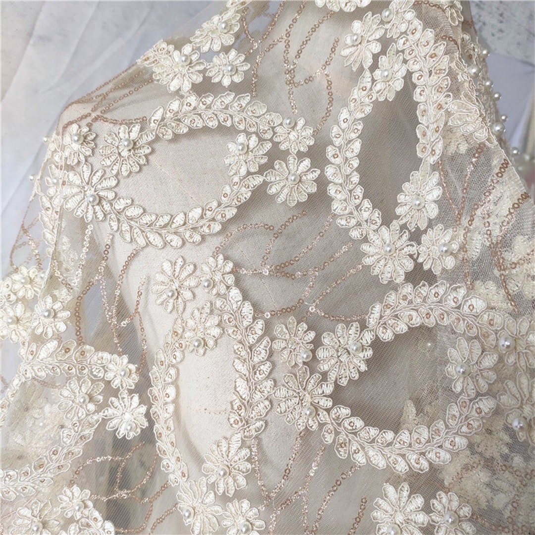 Elegant Alencon Lace, Vintage Embroidery Beaded Bridal Lace Fabric ...