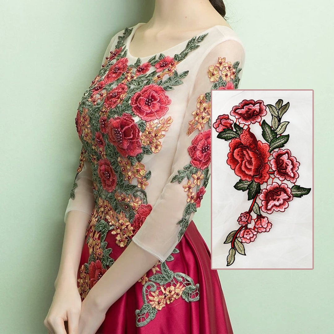 Embroidered Red Flower Beautiful Lace Appliques Floral Exquisite ...