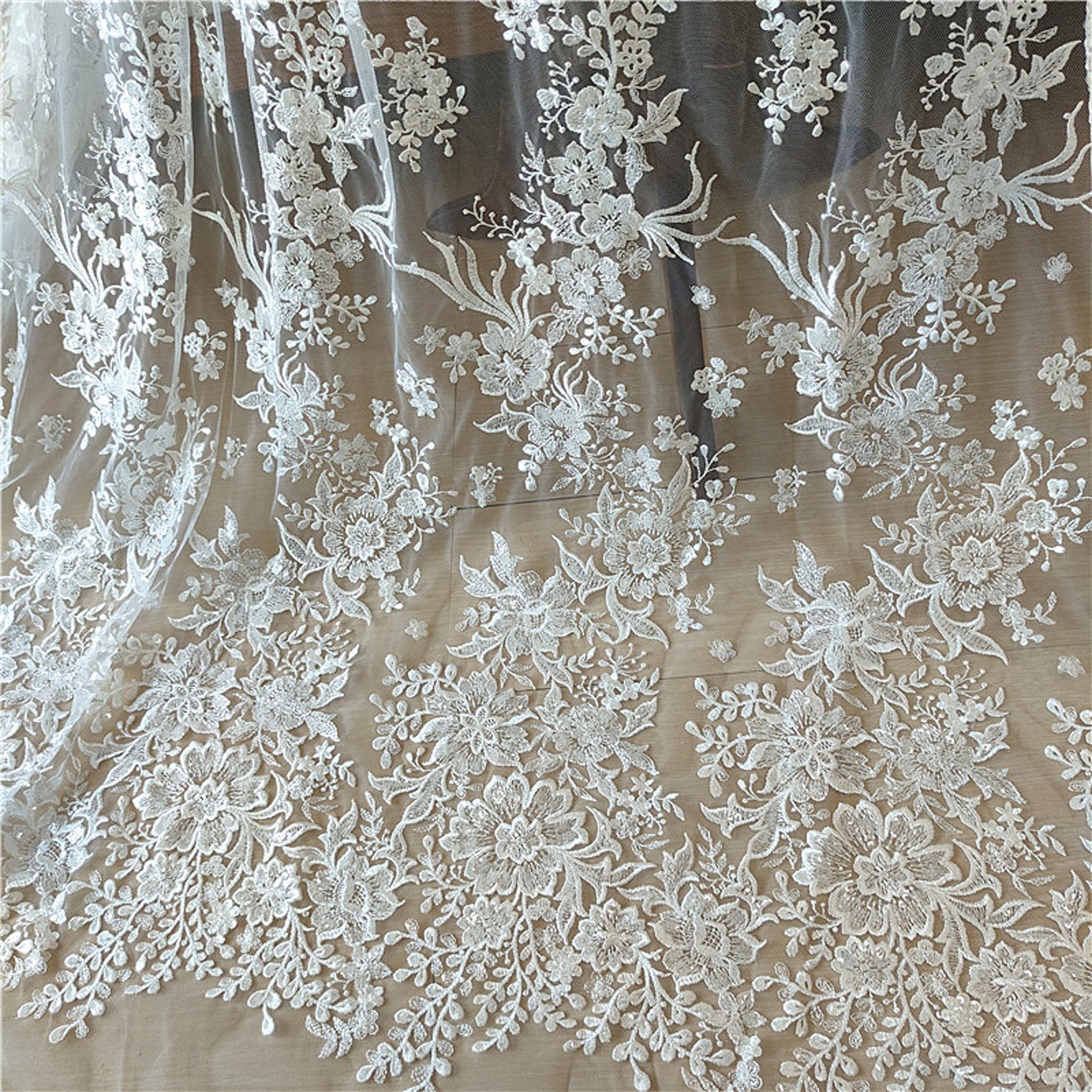 High Quality off White Flower Sequin Embroidery Lace Fabric Floral ...