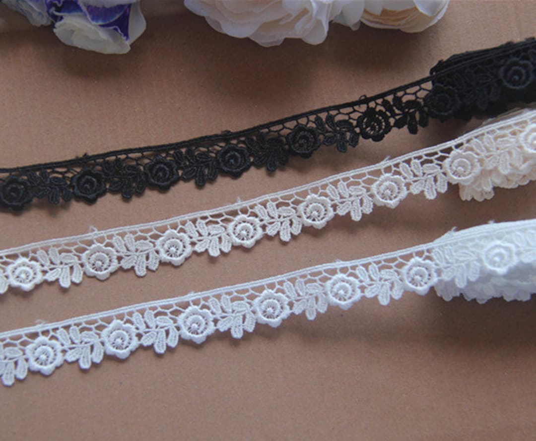 2 Yards White Beige Black Rose Flower Embroidery Lace Trim Rose Leaf ...