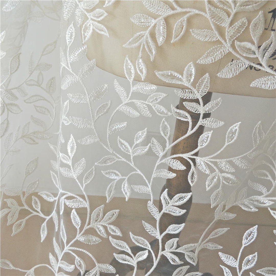 Exquiste off White Leaf Sequin Embroidered Lace Fabric Leaves Ivory ...