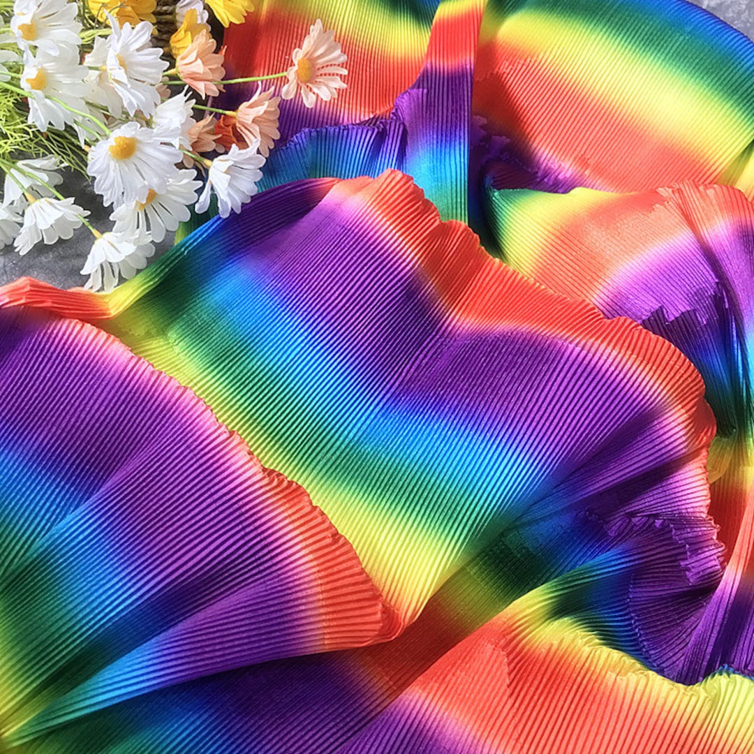 New Rainbow Gradient Ruffled Lace Fabric Ombre Pleated Soft Light Mesh ...