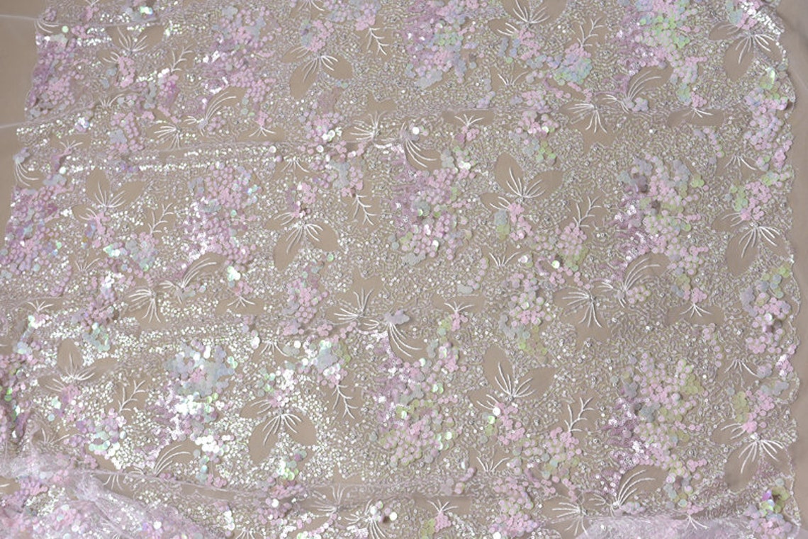 1 Yard Illusion Pink Sequin Lace Fabric Embroidered Tulle Mesh Fabric ...