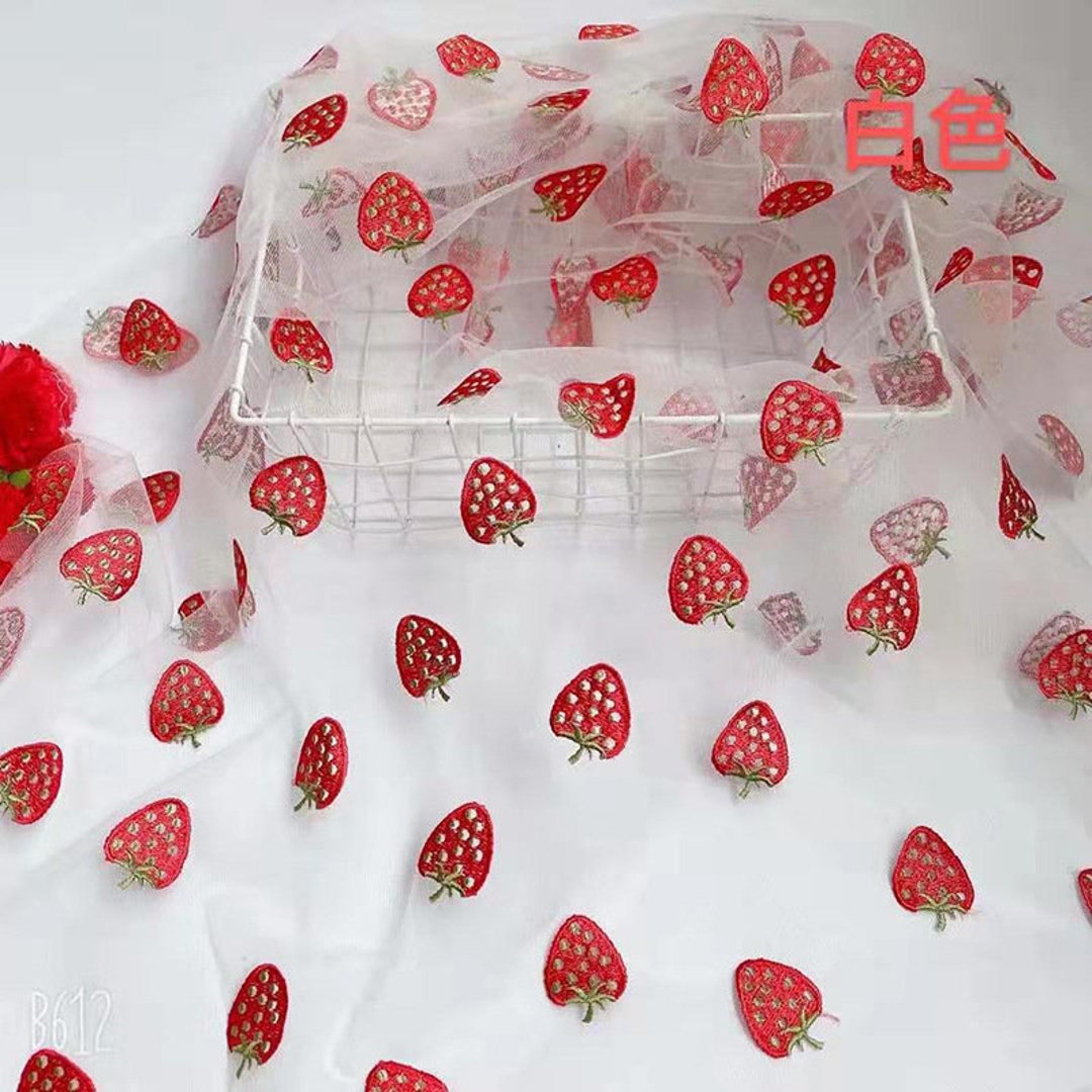 Red Strawberry Embroidery Lace Fabric Strawberry White Soft Tulle ...
