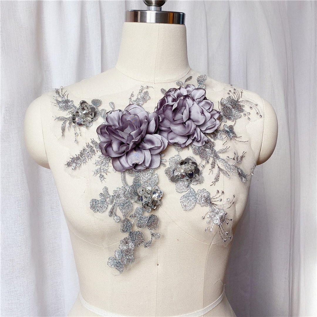 1pcs Smoky Gray Sequin 3d Flower Embroidery Lace Applique Floral Pearl ...