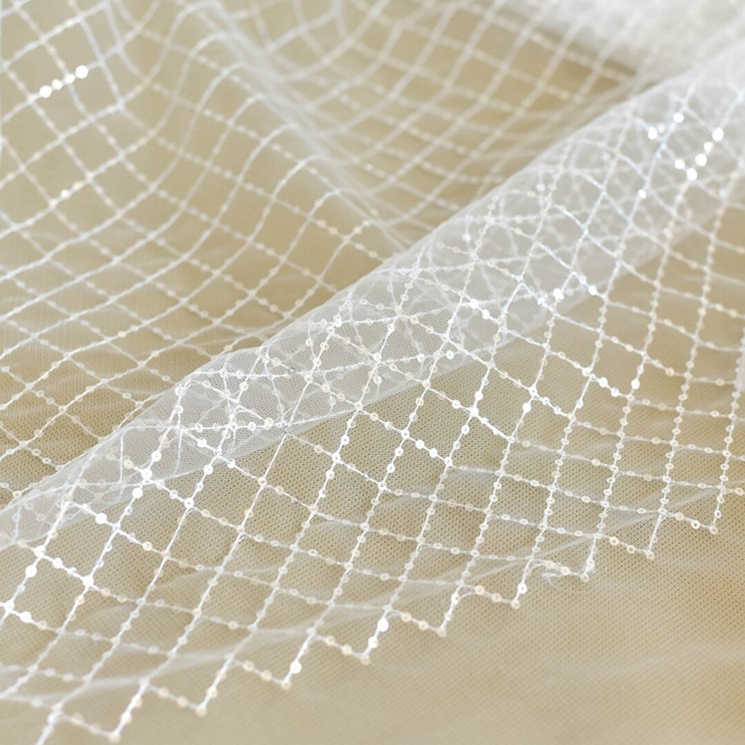 New Hot Geometric Grid Pattern Lace Fabric With Sequins in off White ...