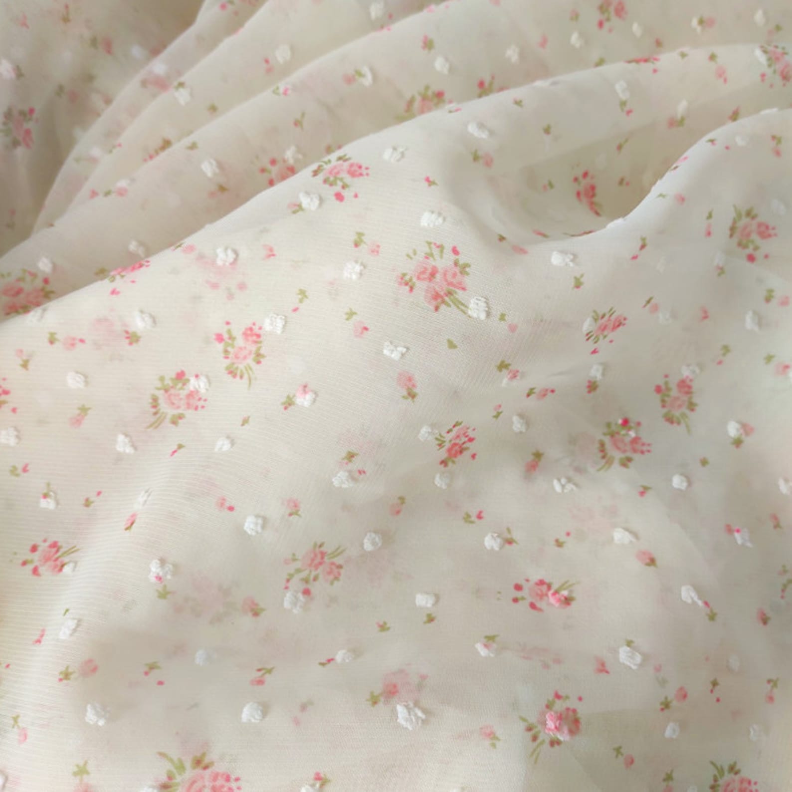 Chiffon Fabric Floral Print Dot Embroidery Soft Pink Blue - Etsy