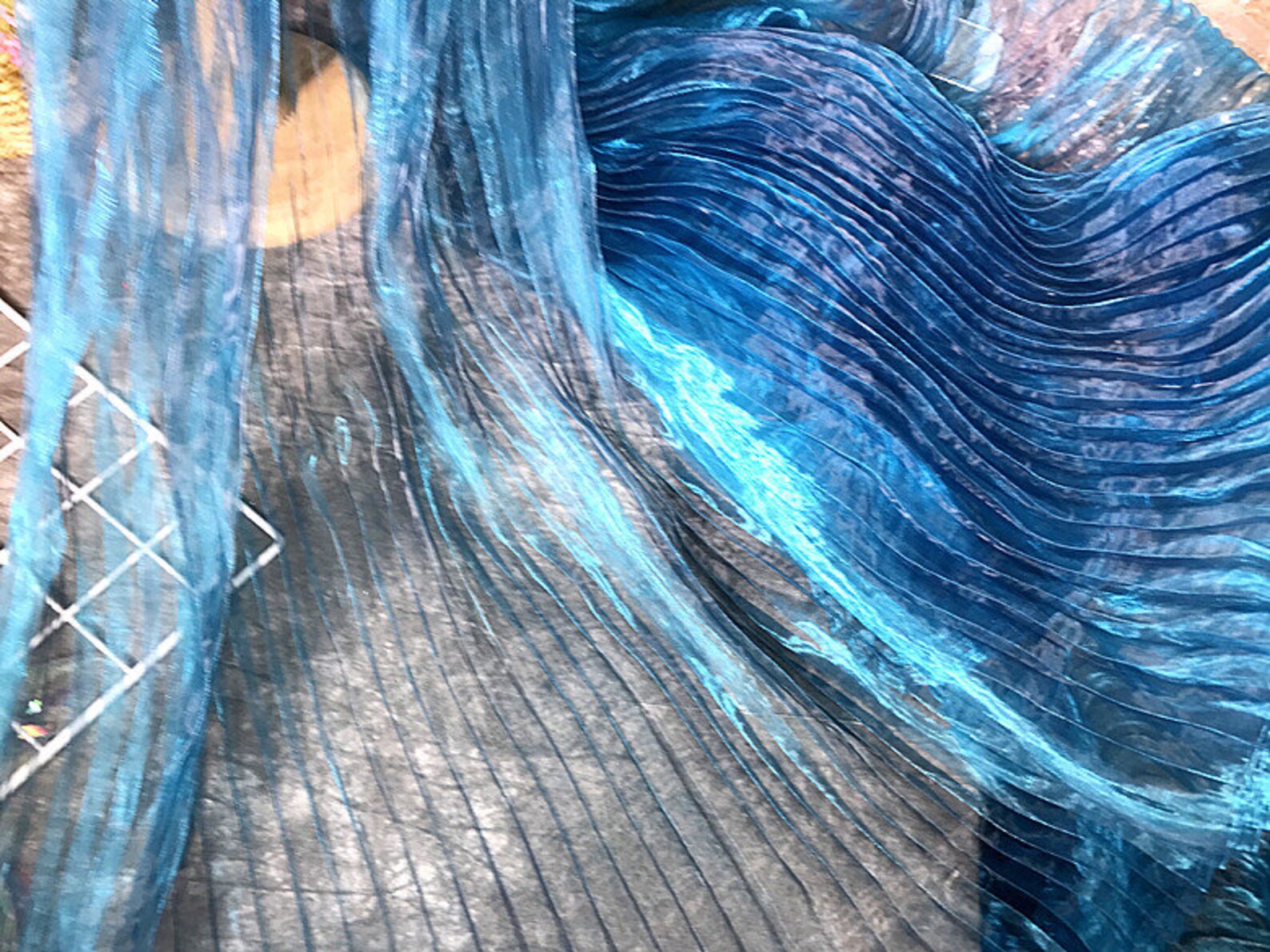 Blue Gradient Pleated Organza Lace Fabric See-through Ruffled Ombre ...
