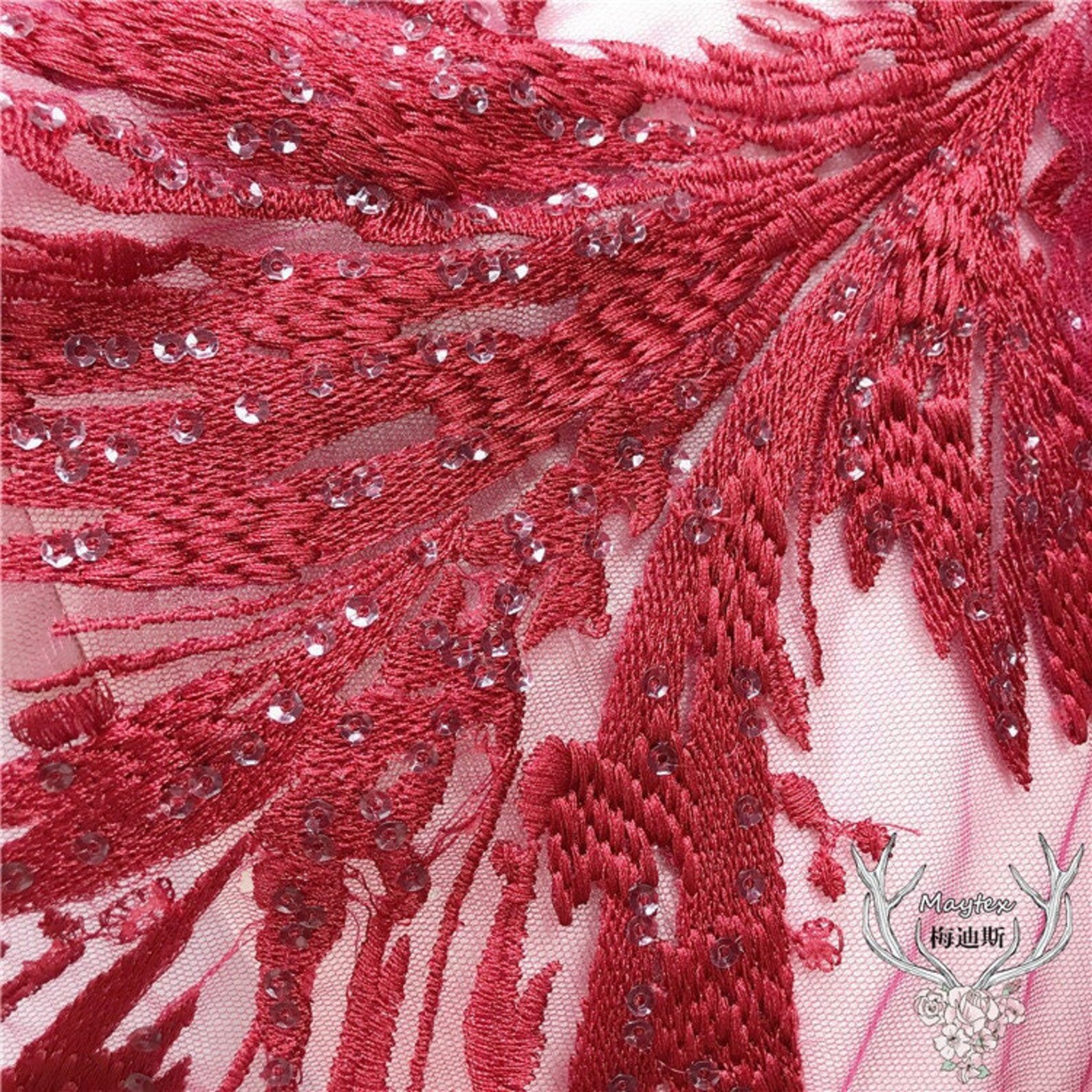 1pc Sequin Big Wing Lace Applique Flower Embroidery White/wine Red ...