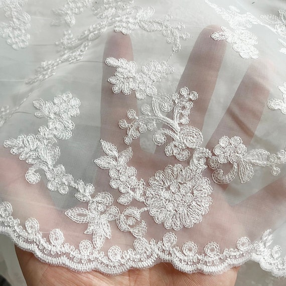 Off White Organza Fabric With Embroidery Flower Trim for - Etsy