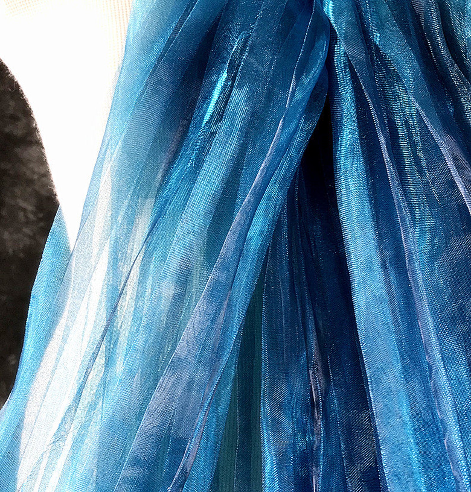 Blue Gradient Pleated Organza Lace Fabric See-through Ruffled Ombre ...