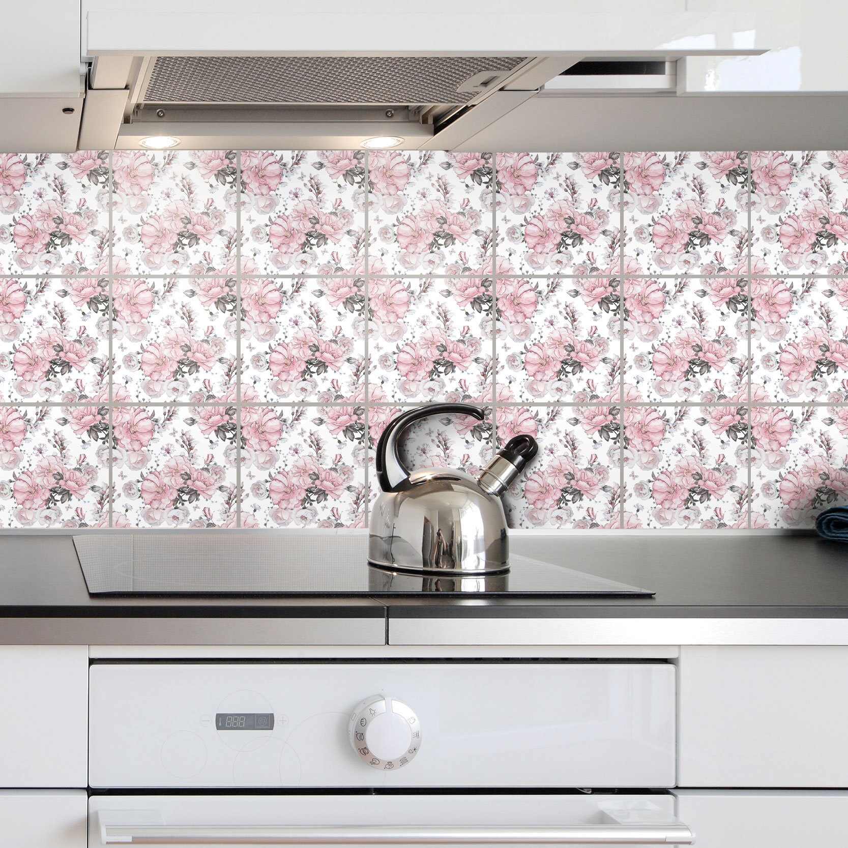 Peel and Stick Tile Stickers Pink Floral Vinyl Stickers Kitchen Tile ...
