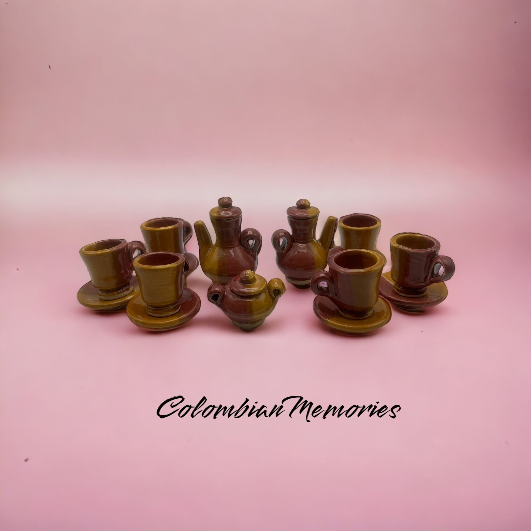 Vintage Dollhouse Green Tea Coffee Set on Tray Miniature Pottery Set ...