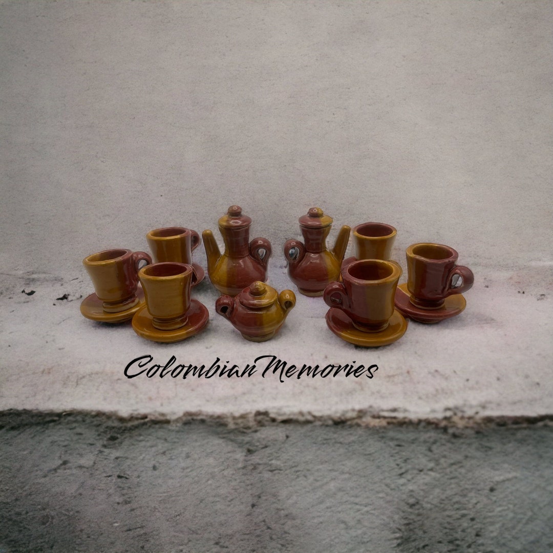 Vintage Dollhouse Green Tea Coffee Set on Tray Miniature Pottery Set ...