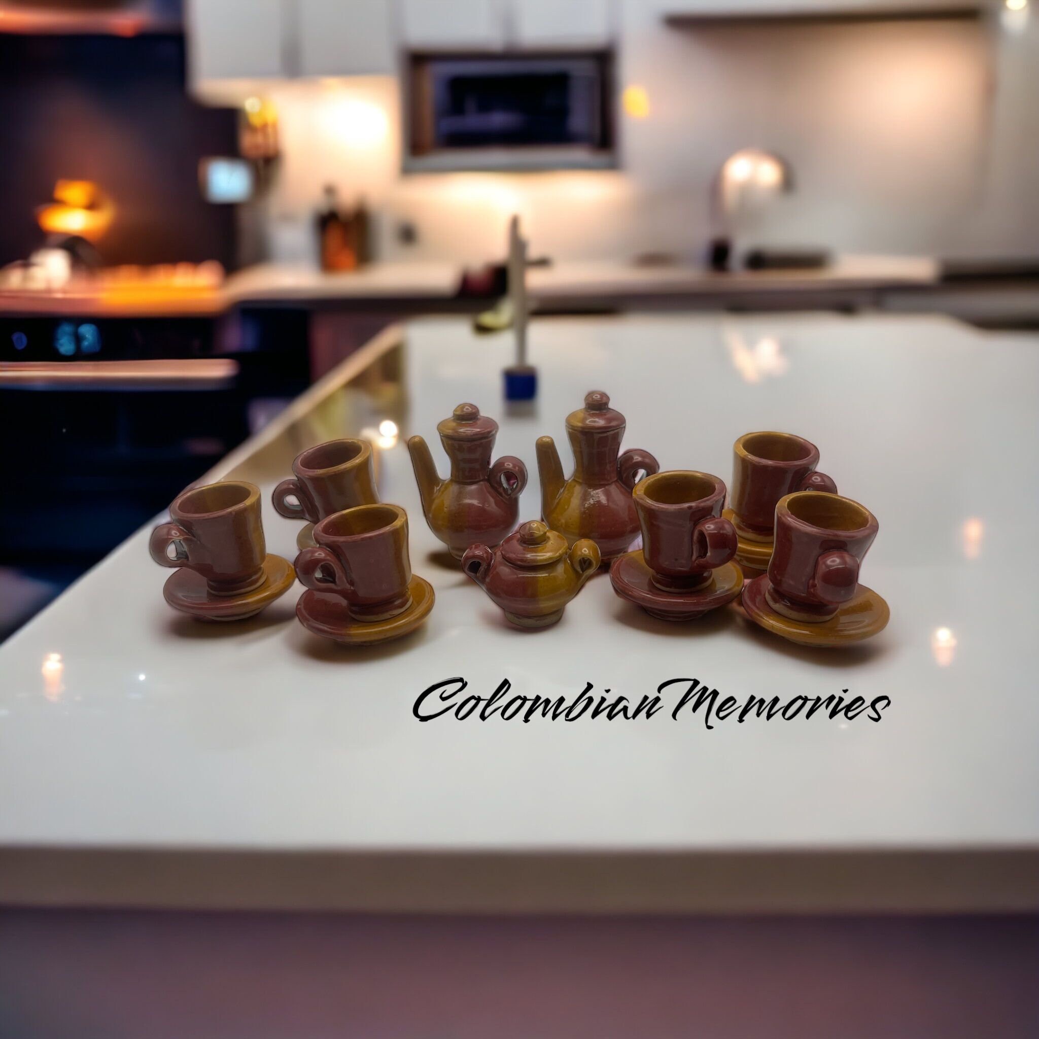 Vintage Dollhouse Green Tea Coffee Set on Tray Miniature Pottery Set ...