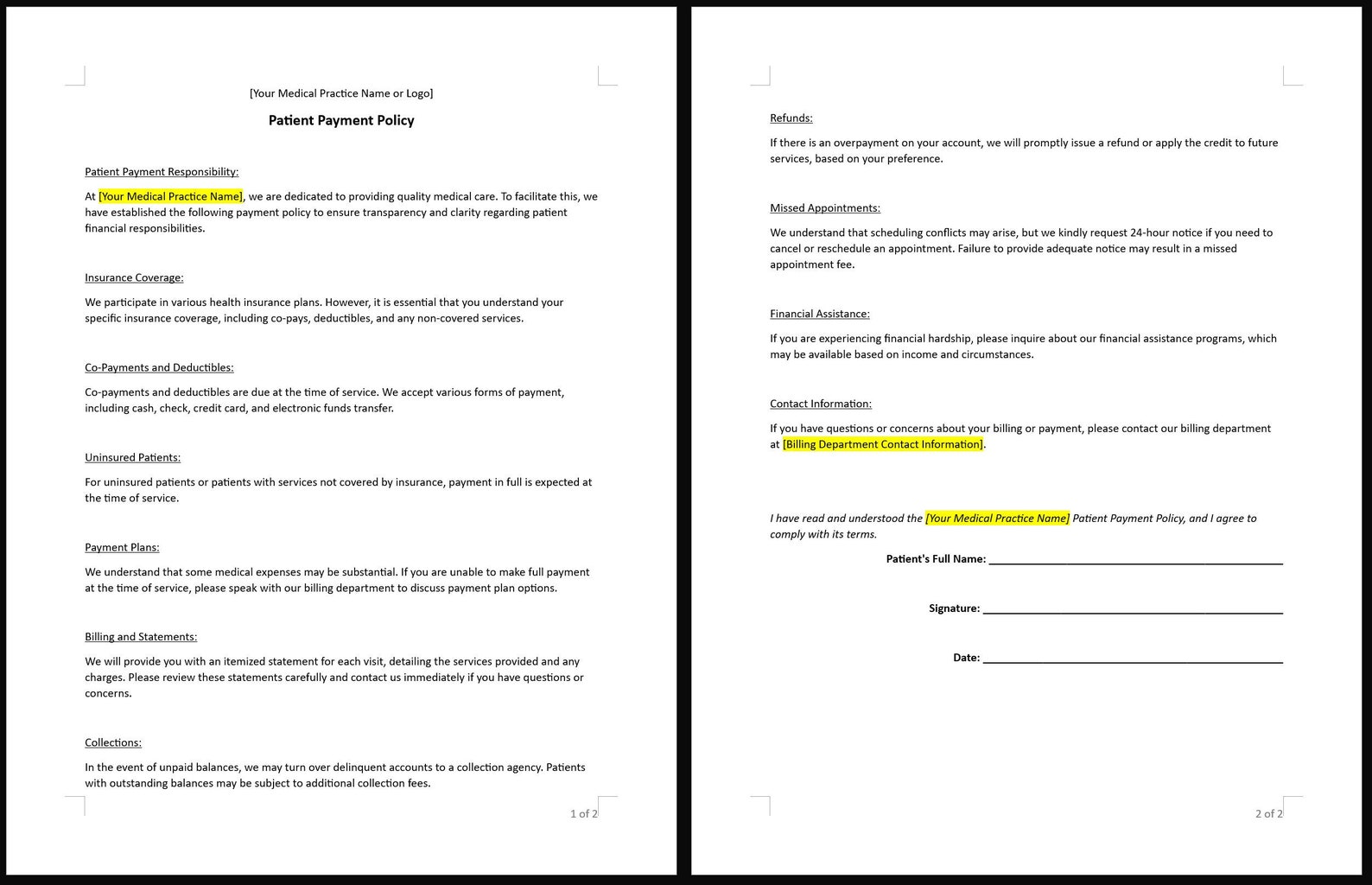 Patient Payment Policy Form Template word, Editable, Printable - Etsy