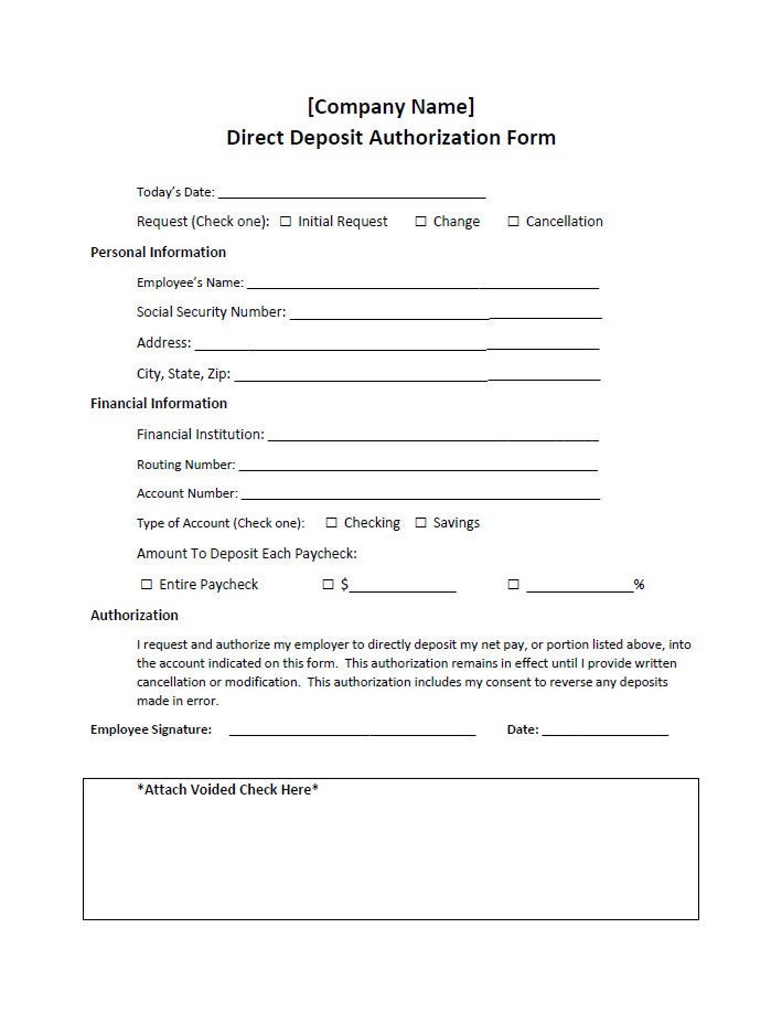 Direct Deposit Authorization Request Form Template (word, Editable ...