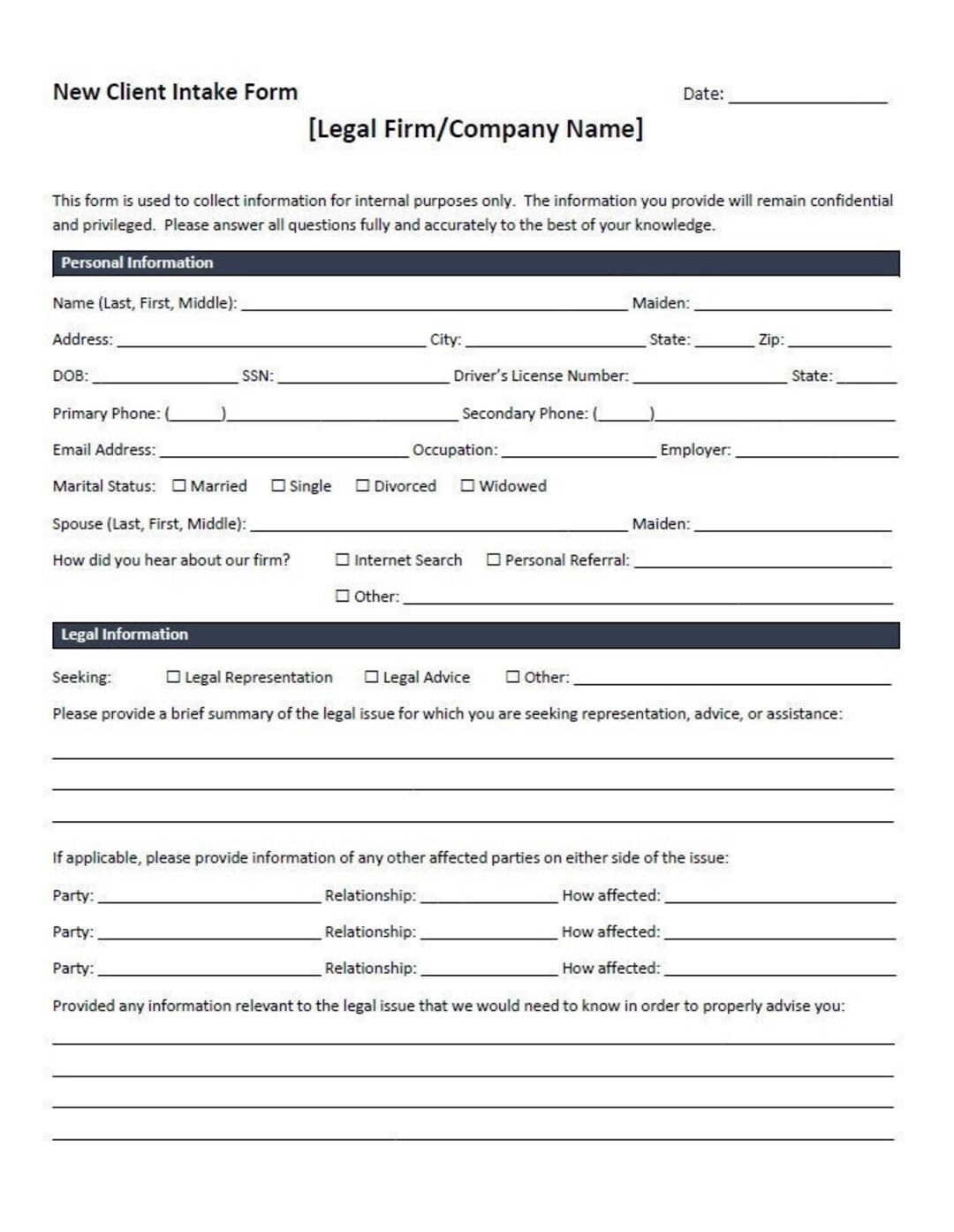 New Client Intake Form Template For Legal Firms Word Etsy