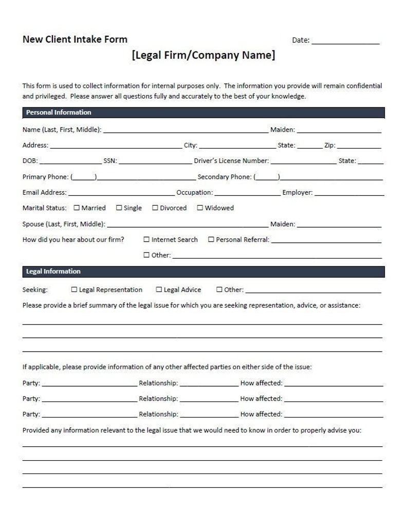 New Client Intake Form Template - for Legal Firms - (word, Editable ...