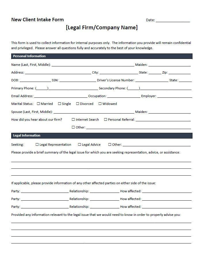 New Client Intake Form Template For Legal Firms Word Etsy