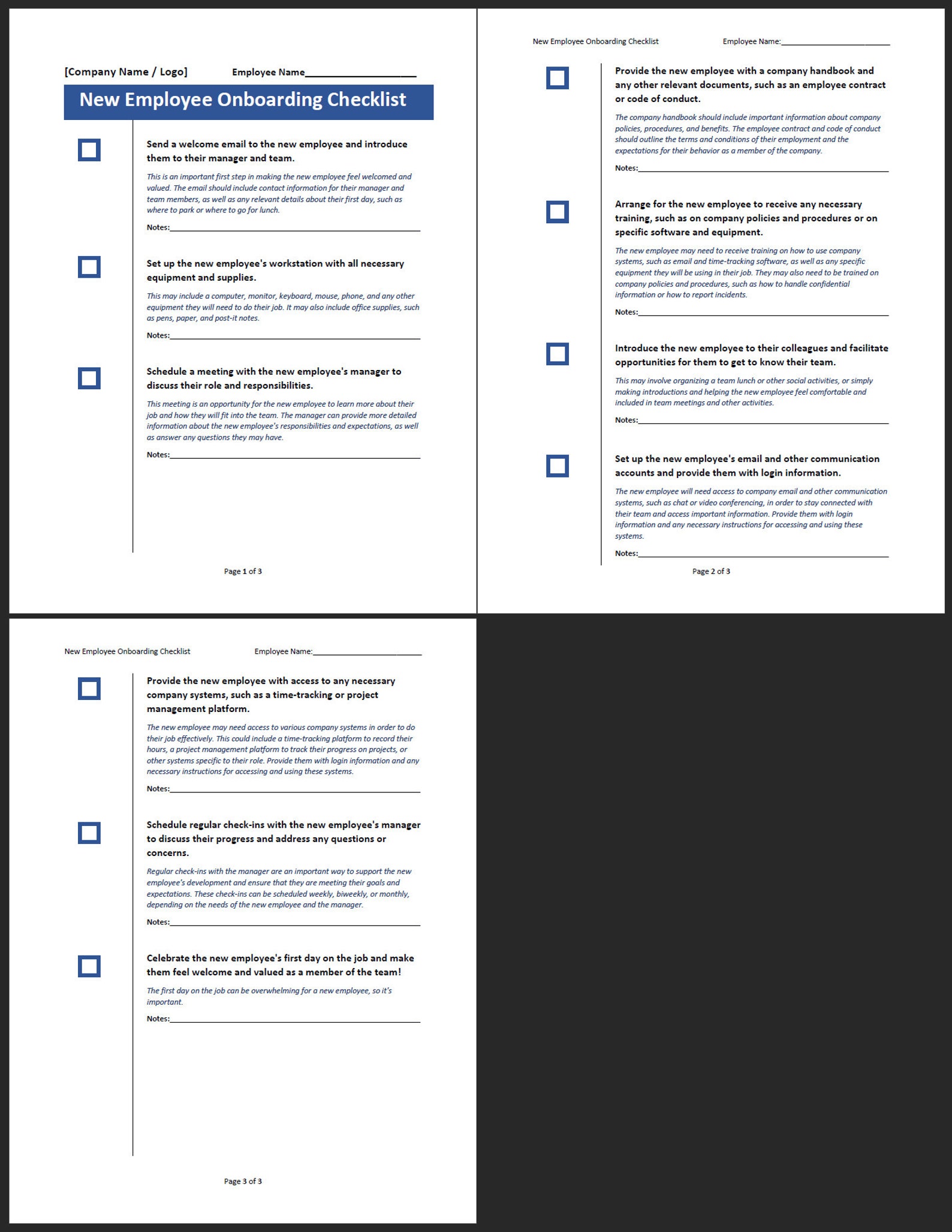 New Employee Onboarding Checklist Template (word, Printable, Editable ...