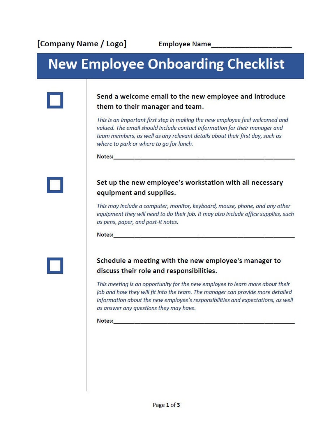 New Employee Onboarding Checklist Template (word, Printable, Editable ...