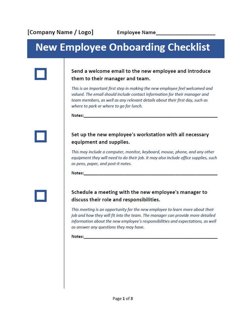 New Employee Onboarding Checklist Template (word, Printable, Editable ...