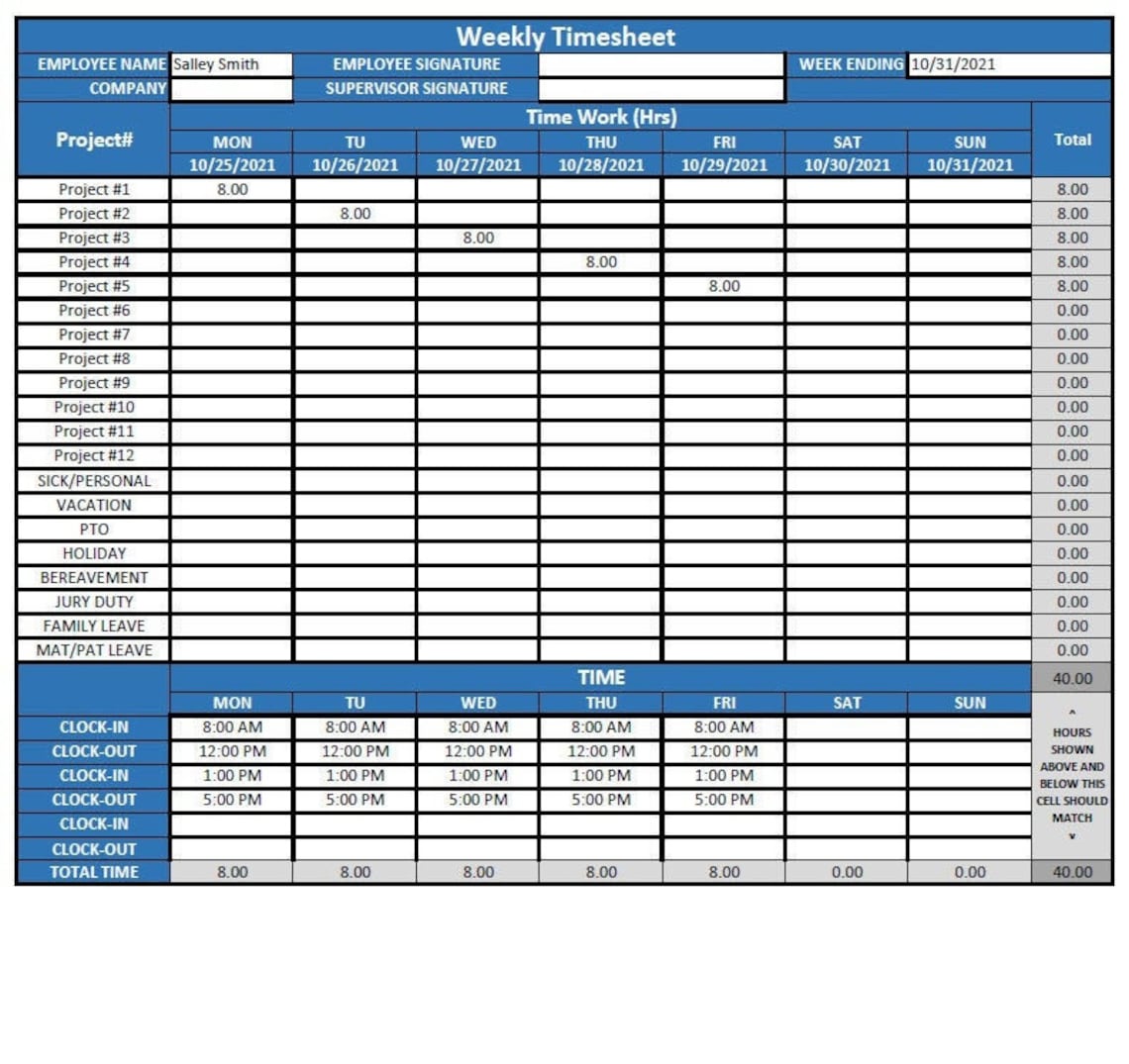 Timesheet Template (excel, Editable, Printable) - Etsy