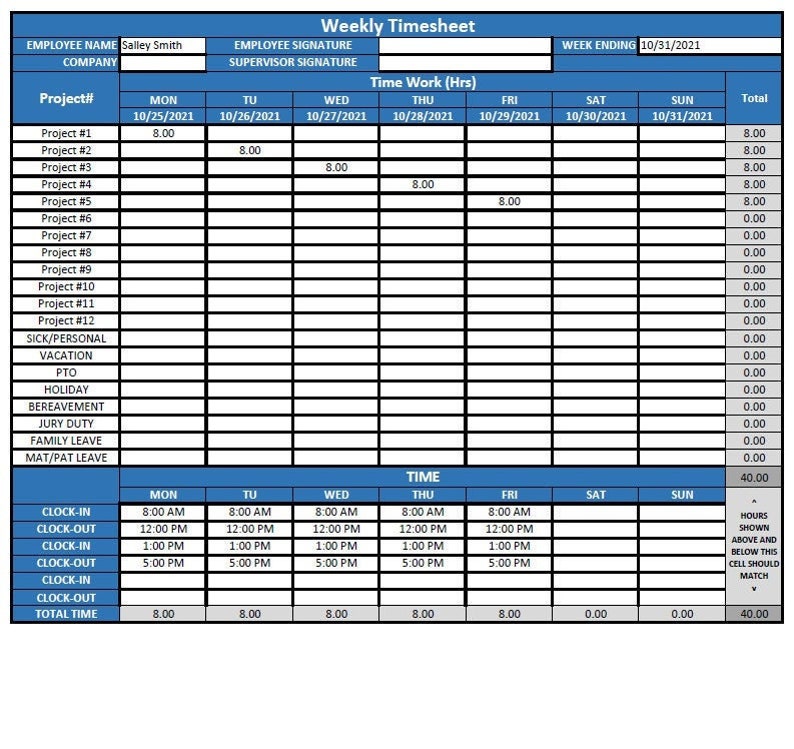 Timesheet Template (excel, Editable, Printable) - Etsy