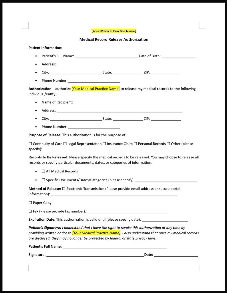 Medical Record Release Authorization Form Template (word, Editable, Printable) - Etsy