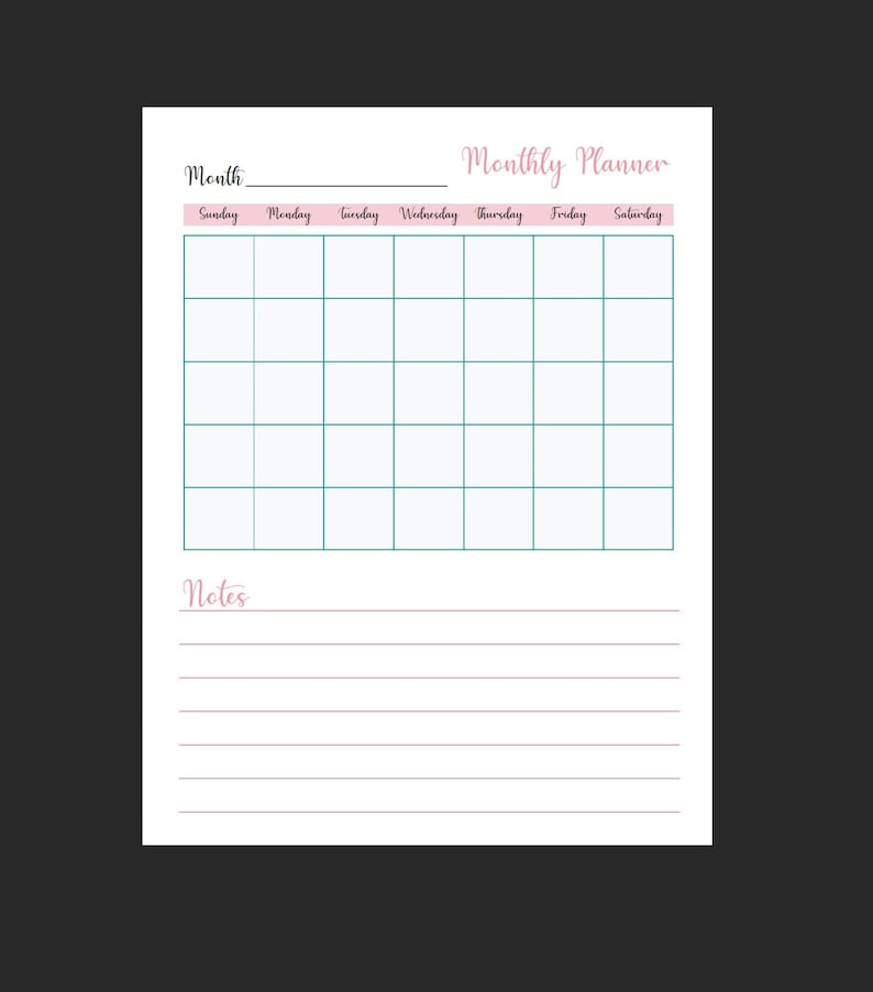 Monthly Planner Calendar - PDF Digital Download - Downloadable ...